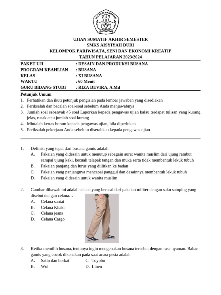 Contoh Soal Desain Busana Kelas XI | PDF