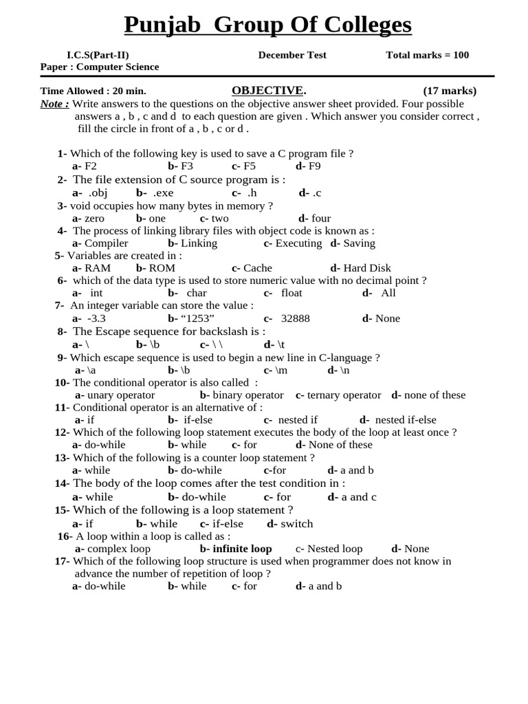 Full Book Test For Computer Science Part 2 Punjab Boards | PDF ...