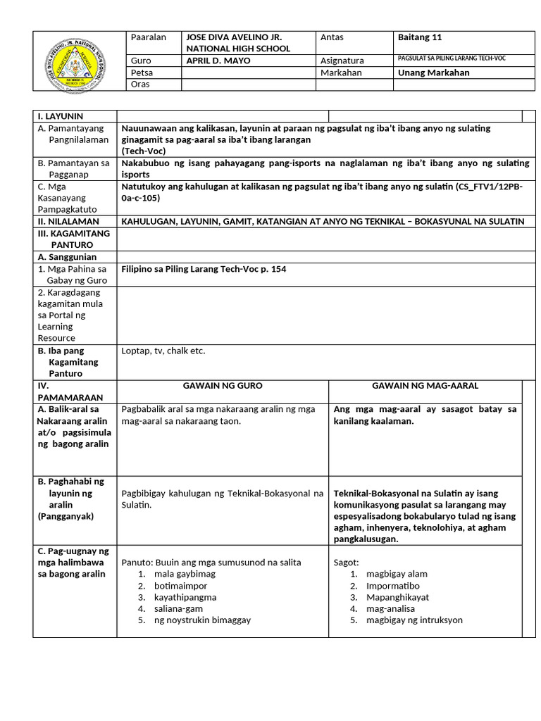 1 Lesson Plan Pagsulat Sa Piling Larang | PDF