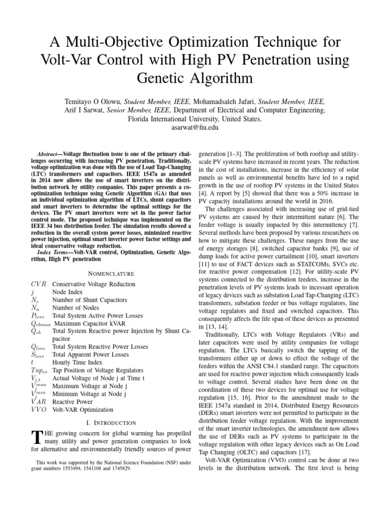 A Multi-Objective Optimization Technique For Volt-Var Control With High ...