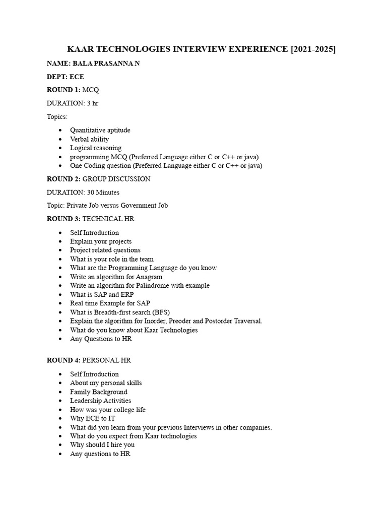 Kaar Technologies Interview Overview | PDF