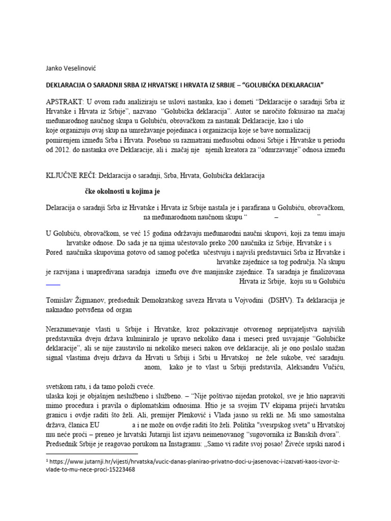 Janko Veselinovic Golubicka Deklaracija | PDF