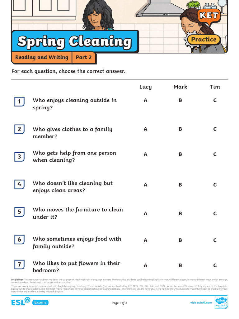 T 1741693439 A2 Key Ket Reading Part 2 Practice Sheet Spring Cleaning ...