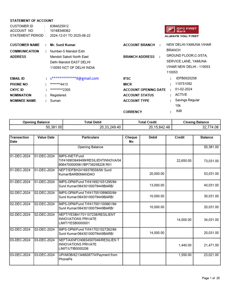 Account Statement for Mr. Sunil Kumar | PDF | Payments | Debits And Credits