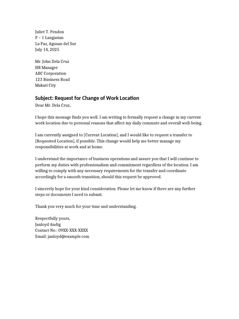 Request Letter Change of Work Location | PDF