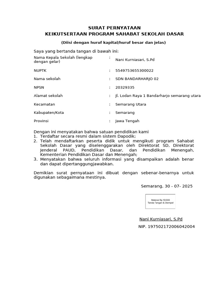 Surat Pernyataan Program Sahabat SD | PDF