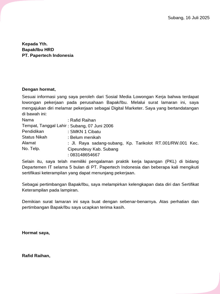 Surat Lamaran Pt. Papertech Indonesia | PDF