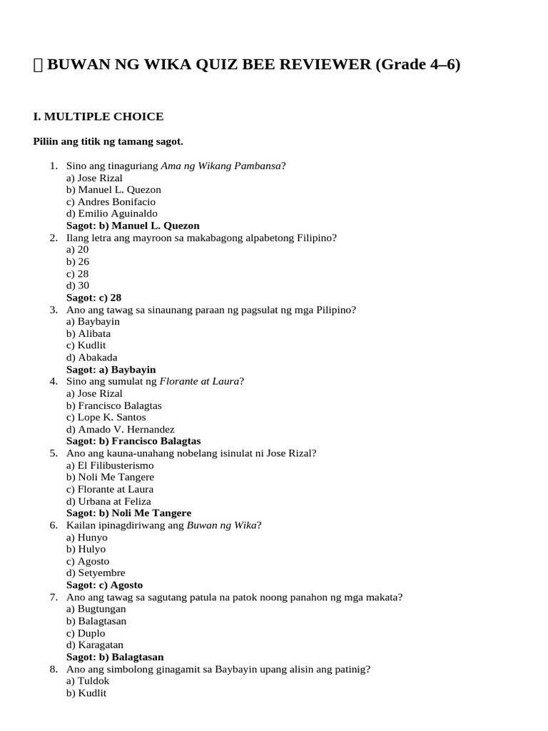 Buwan NG Wika Quiz Bee Reviewer | PDF