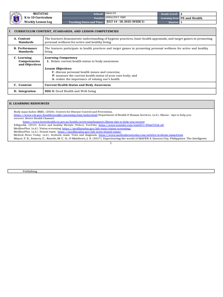 PE and Health Weekly Lesson Plan 4 | PDF | Body Mass Index