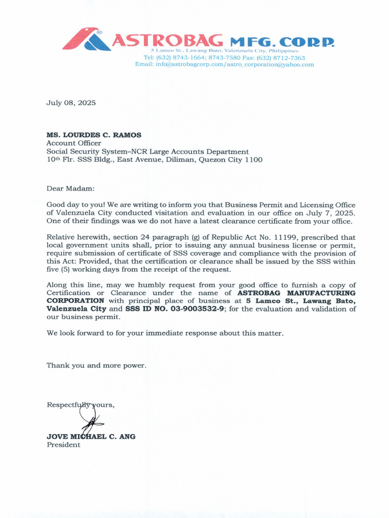 Sss Clearance Request Letter_astrobag Mfg Corp | PDF