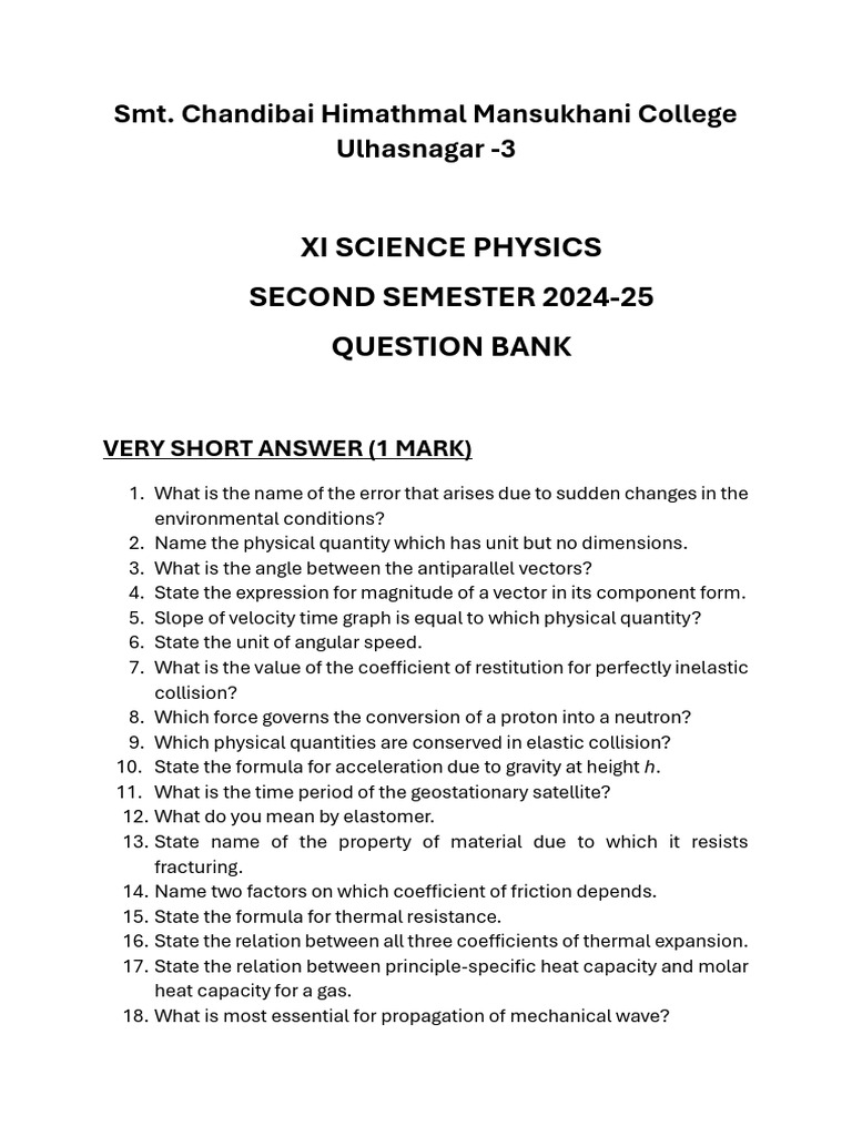 Class 12 Physics Question Bank 2024-25 | PDF | Waves | Collision