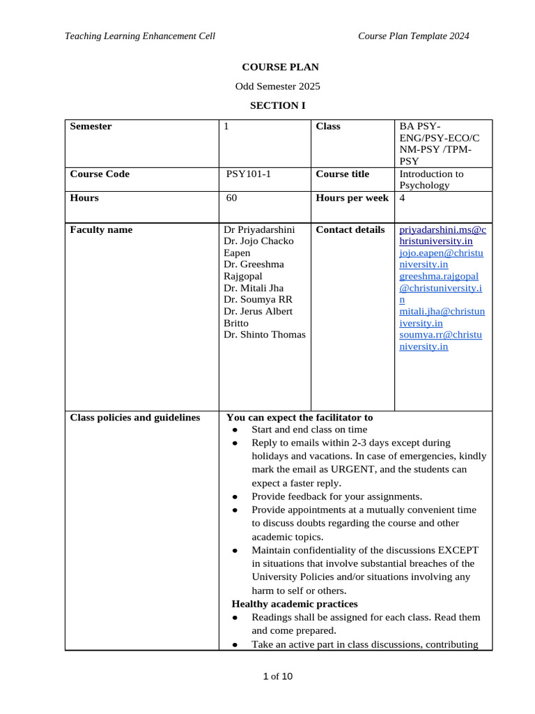 Students Copy 2025 PSY101 - 1 - COURSE PLAN | PDF | Psychology ...
