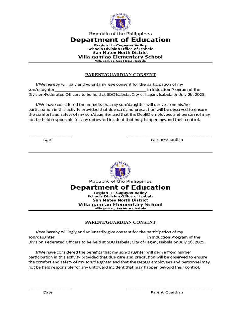 Parental Consent for Division Inauguration for Elected Officers of BKD-S.Y. 2025-2026 | PDF