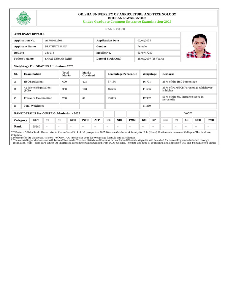Ouat Ug Rank Card | PDF | Educational Stages | Qualifications