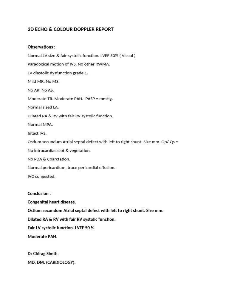 2D Echo & Colour Doppler Report | PDF