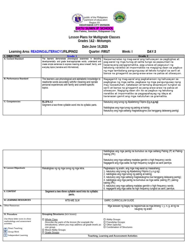 MG Day 3 Lesson Plan g1g2 Reading 1 Fil2 | PDF