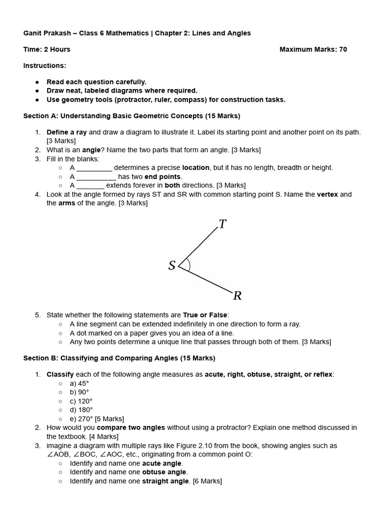 Class 6 Mathematics - Chapter 2 - Lines and Angles | PDF | Line (Geometry) | Angle