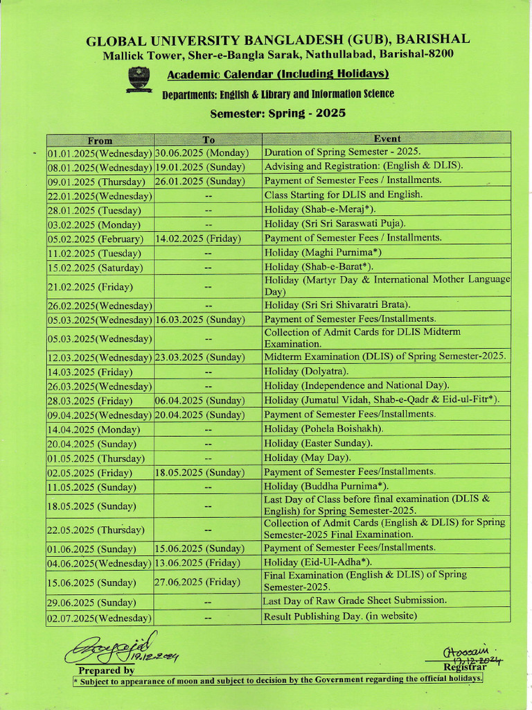 Spring Semester 2025 Calendar GUB | PDF | Academic Term