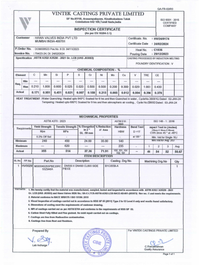 LCB - MTC - 0174 - Invoice No. 794 - Poi - 343 Side Piece (R) | PDF