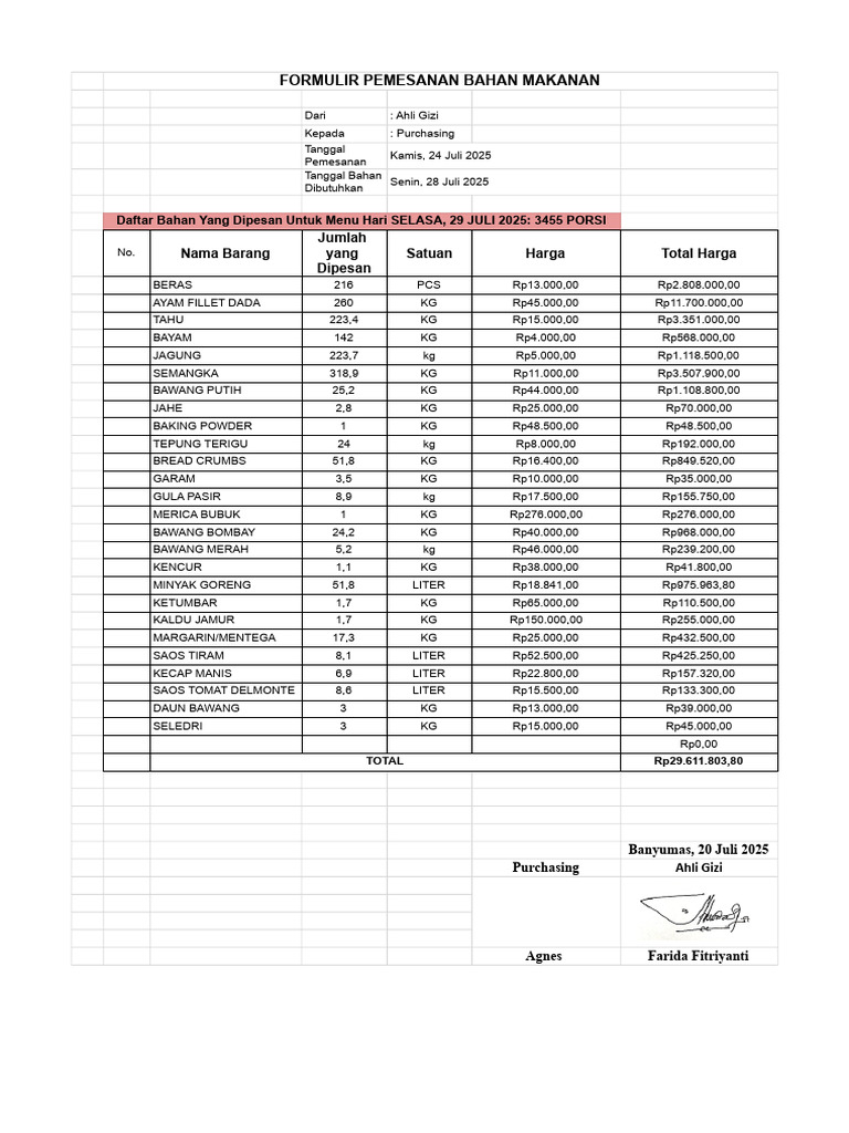 Form - Pemesanan Bm-juli-Agustus - Form Selasa TGL 29 Juli | PDF