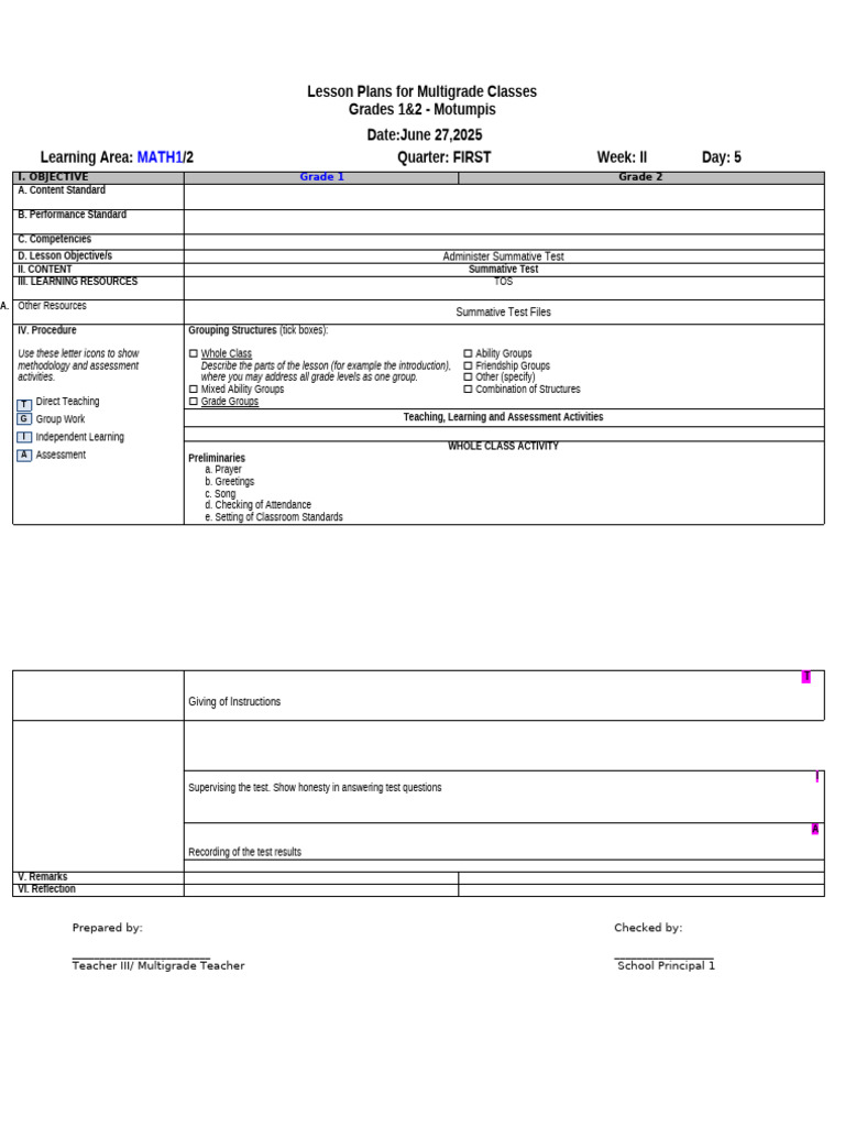 MG Day 5 Lesson Plan Math1 &2 | PDF | Educational Assessment | Lesson Plan
