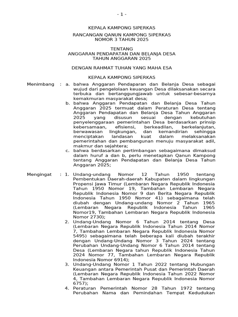 Qanun APBDes Kampong Siperkas 2025 | PDF