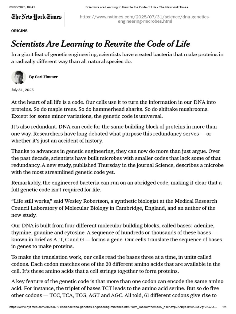 Scientists Are Learning To Rewrite The Code of Life - The New York Times | PDF | Genetic Code | Gene