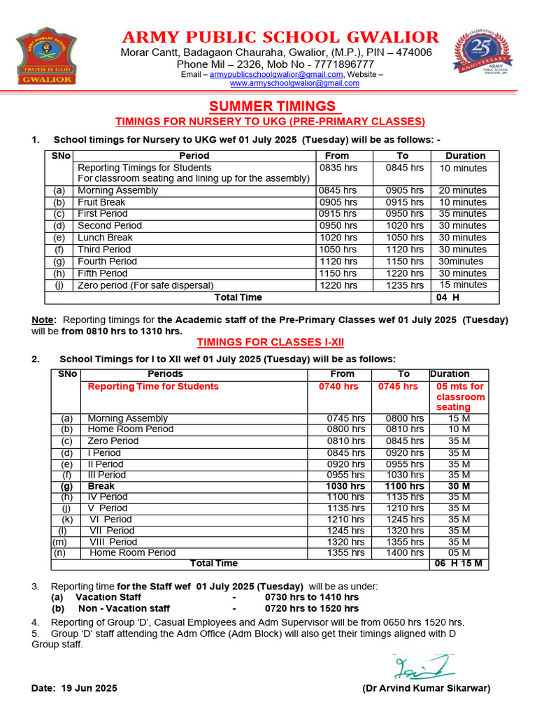 Army Public School Gwalior Summer Timings | PDF