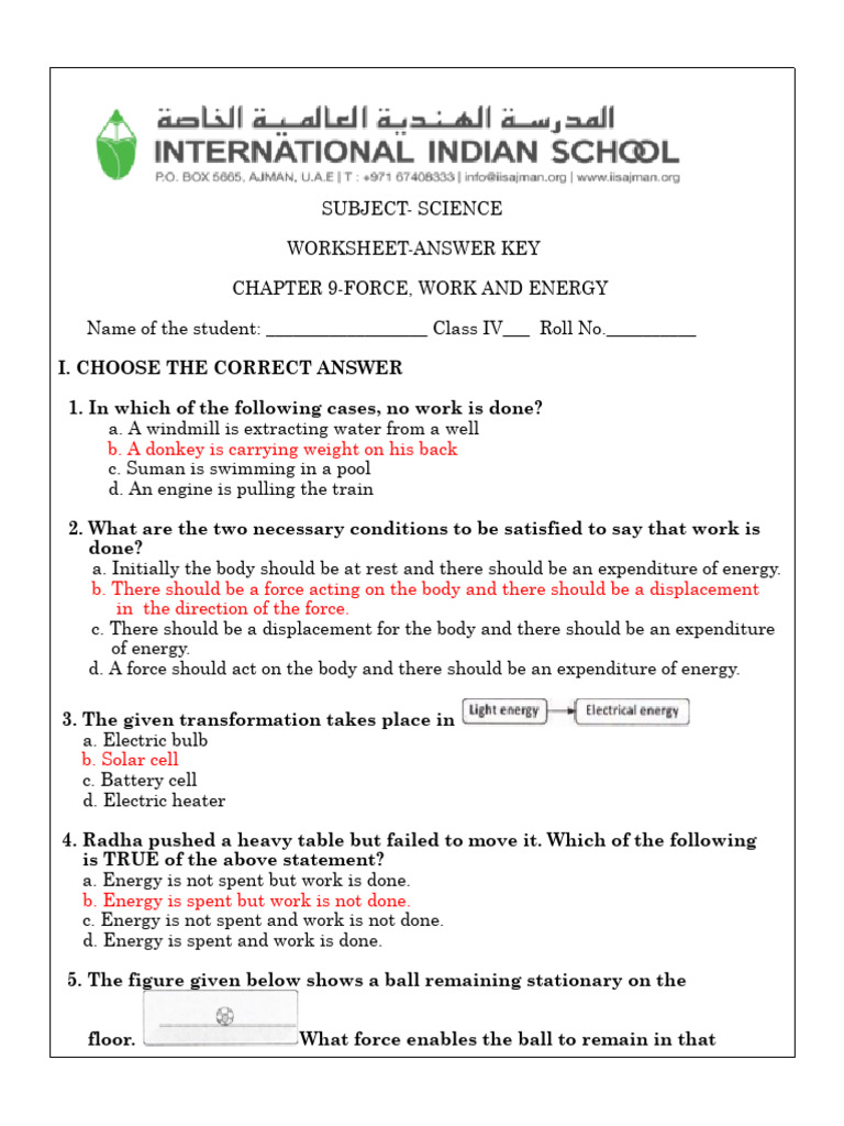 Class 5 Force, Work, and Energy Worksheet | PDF | Energy Development ...