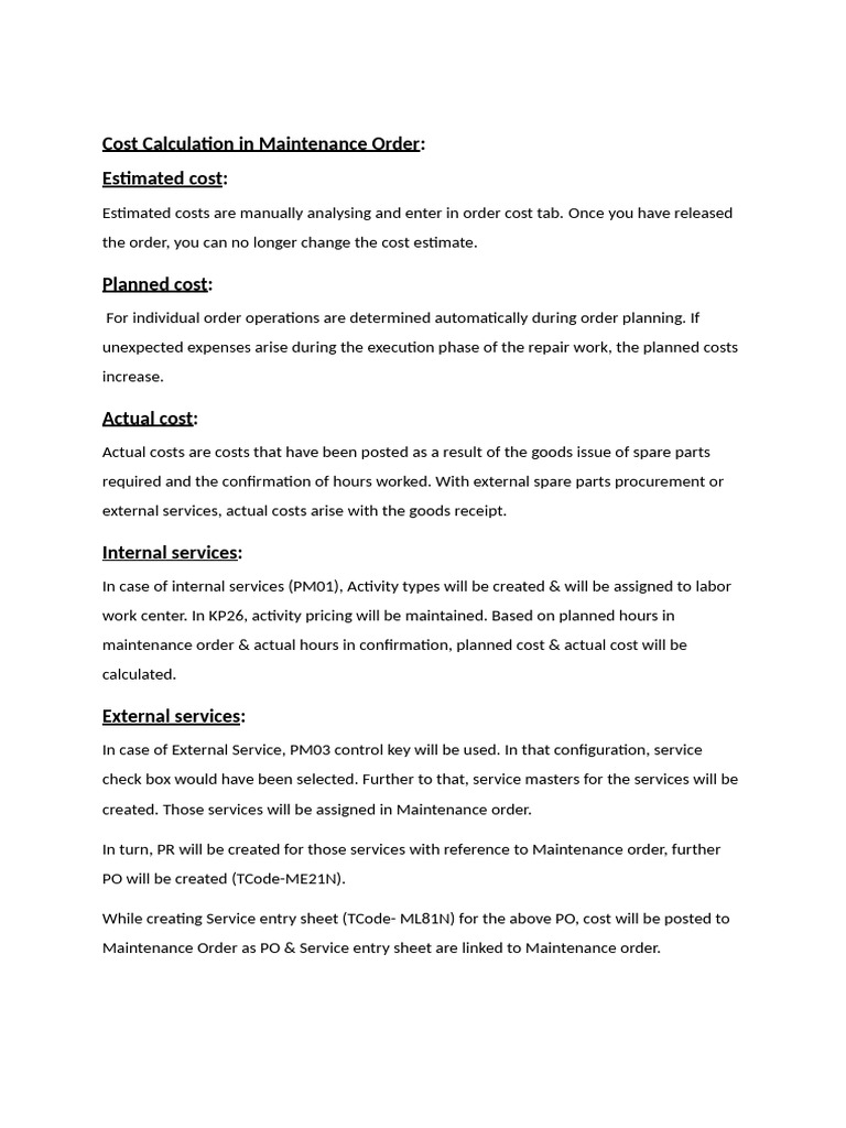 Maintenance Order Cost Calculation Guide | PDF