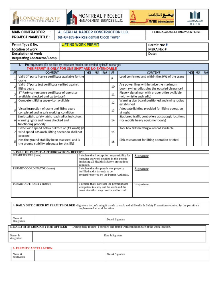 FT HSE ASAK 021 Lifting Operation Permit | PDF | Crane (Machine)