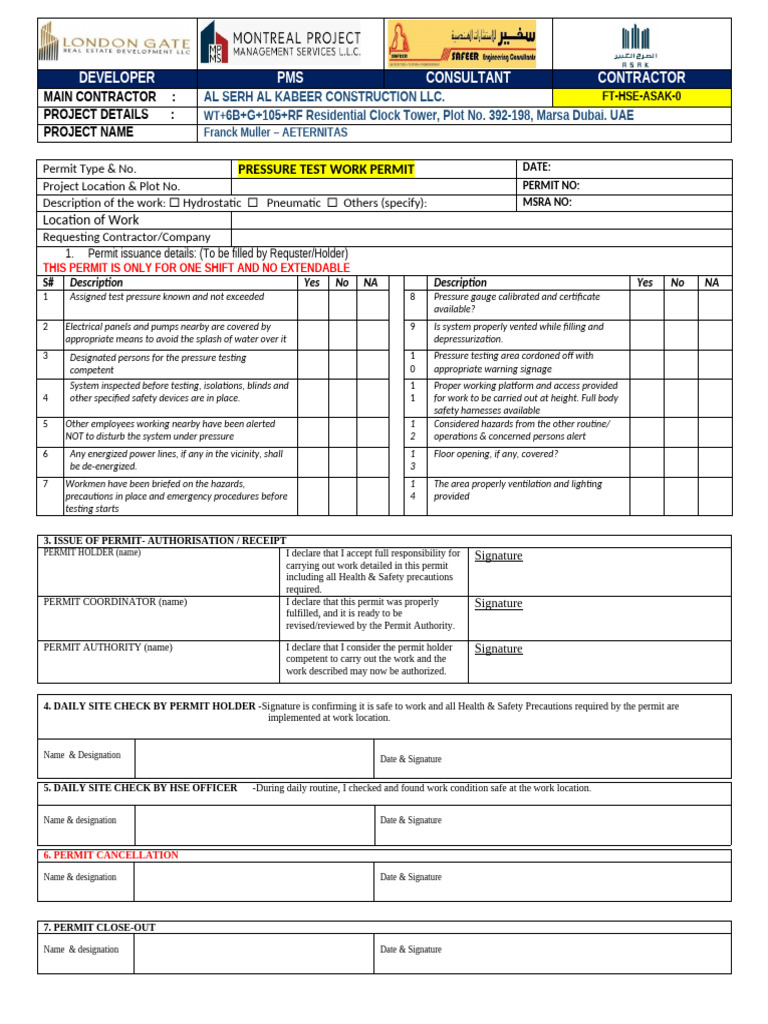 Pressure Test Work Permit | PDF