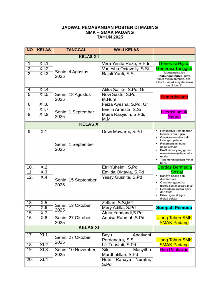 Jadwal Pemasangan Poster Mading 2025 | PDF