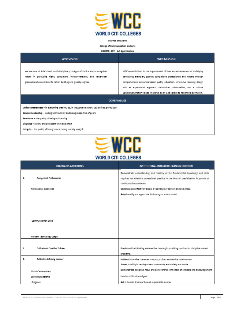 Revised - Syllabus-Art Appreciation | PDF | Knowledge | Visual Arts ...