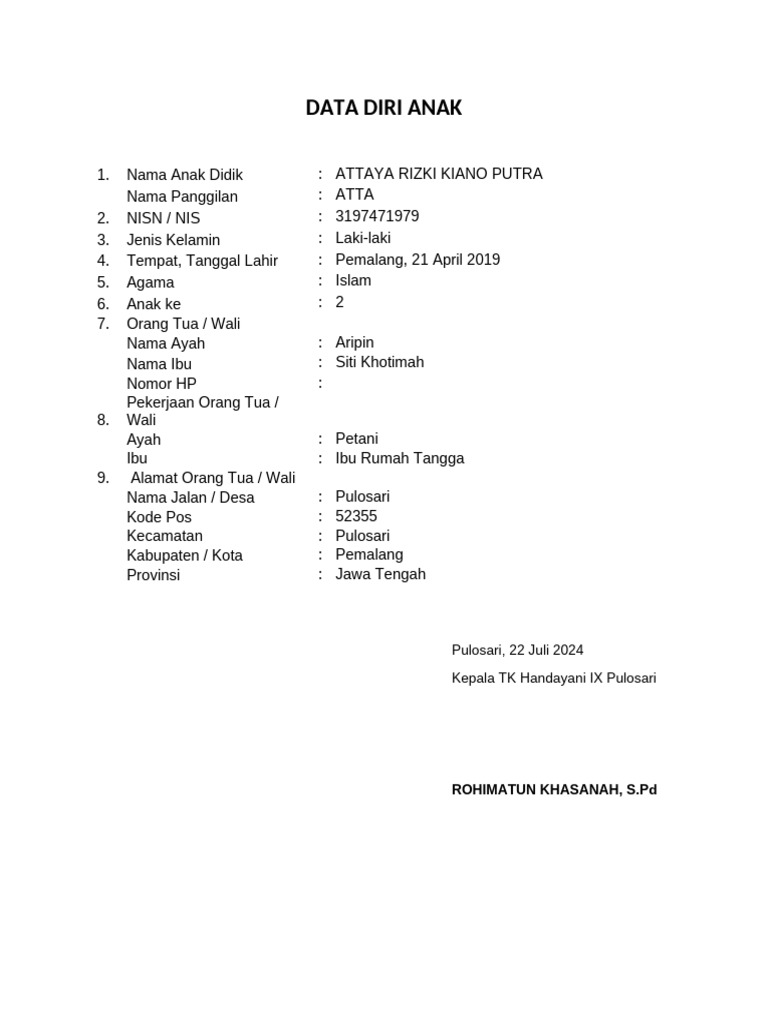 Data Diri Anak Didik TK Pulosari | PDF