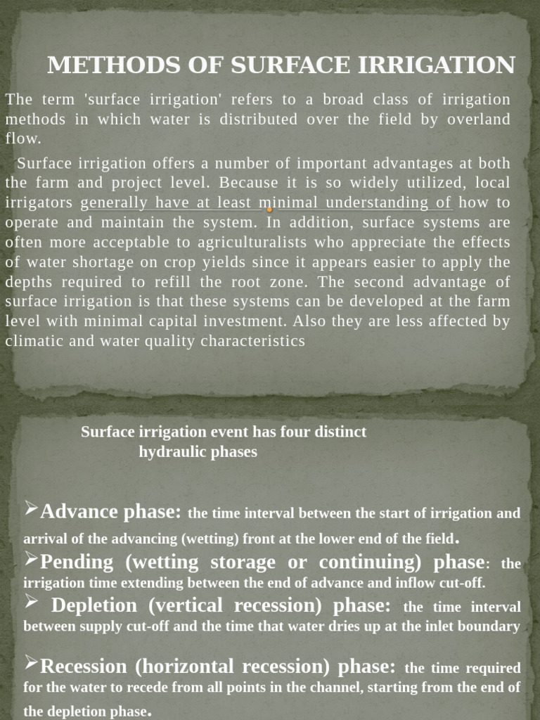 Methods of Surface Irrigation | PDF | Irrigation | Horticulture