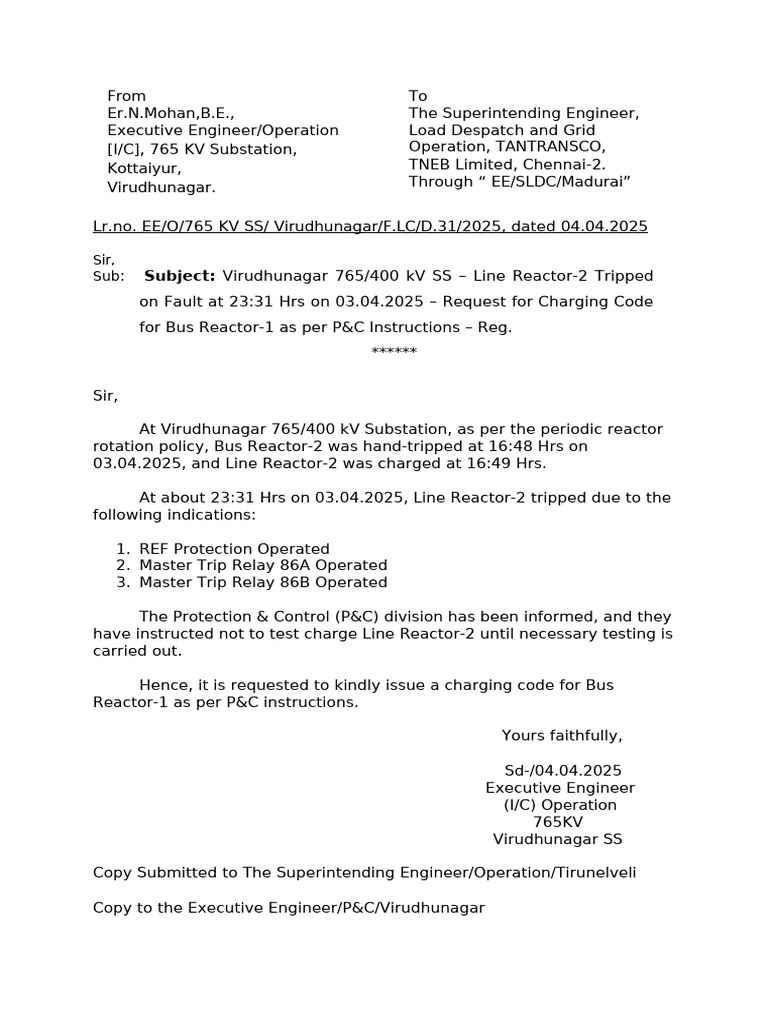 Charging Bus Reactor-1 Due to Fault Tripping of Line Reactor 2 | PDF