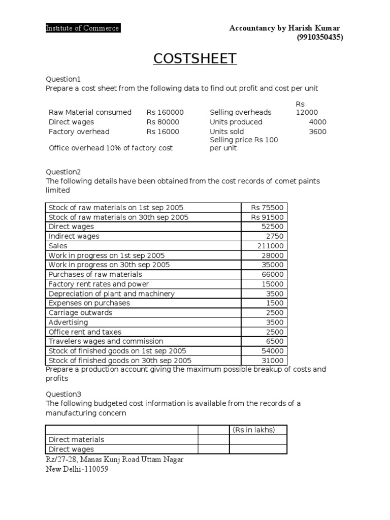 Cost Sheet | PDF | Cost | Cost Of Goods Sold