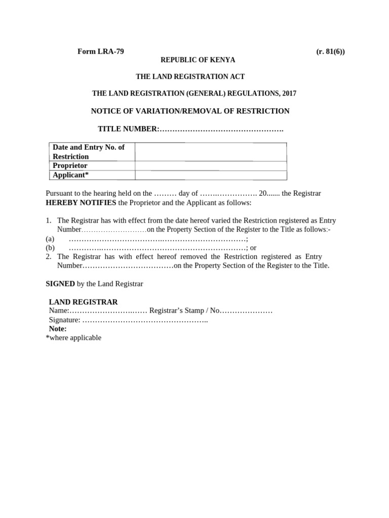 Form Lra 79 Notice of Variation Removal of Restriction | PDF