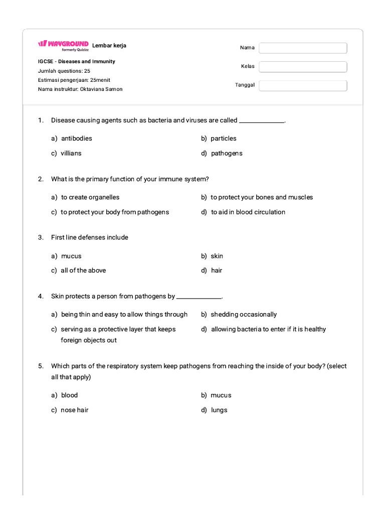 IGCSE Disease and Immunity Quiz | PDF | Immune System | Antibody