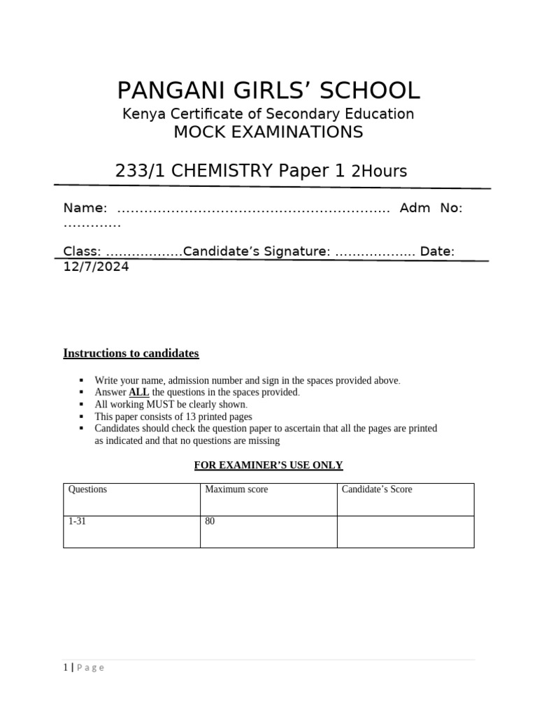 2024 Pangani Girls Mock CHEM-P1 | PDF | Chemical Equilibrium | Chemical Substances