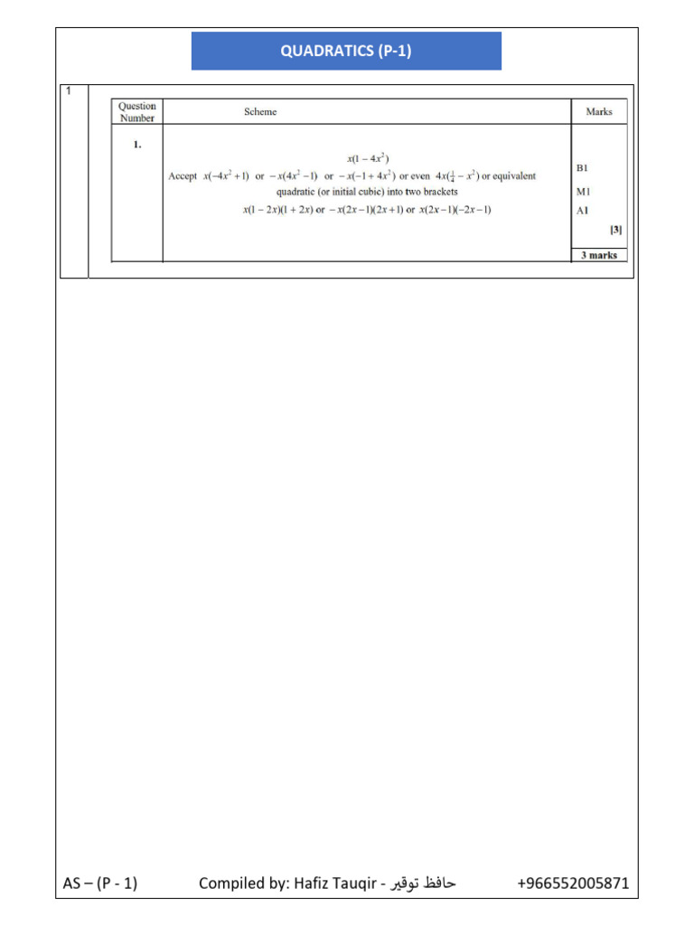 Quadratics (Chapter # 2), P - 1 - Mark Scheme | PDF