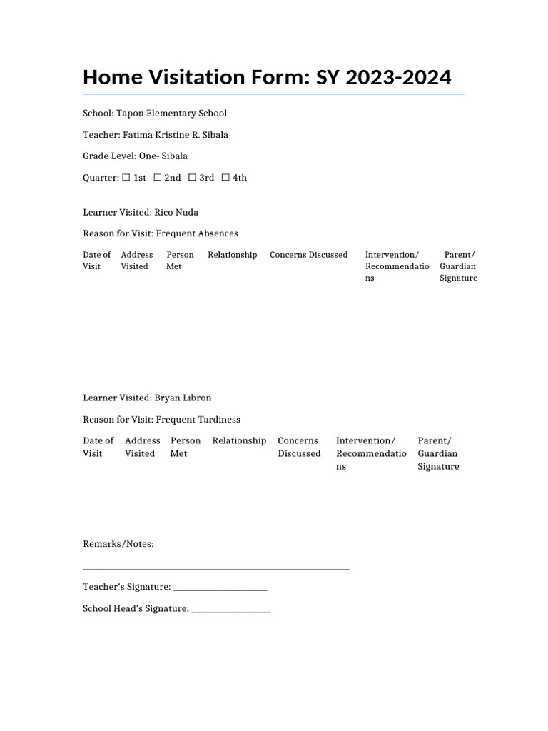 Home Visitation Form | PDF