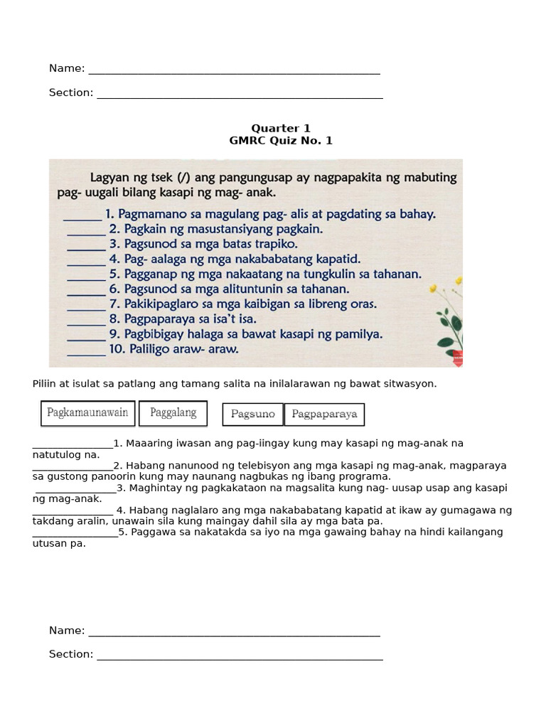 Quarter 1 Week 2 GMRC Quiz 1&2 | PDF
