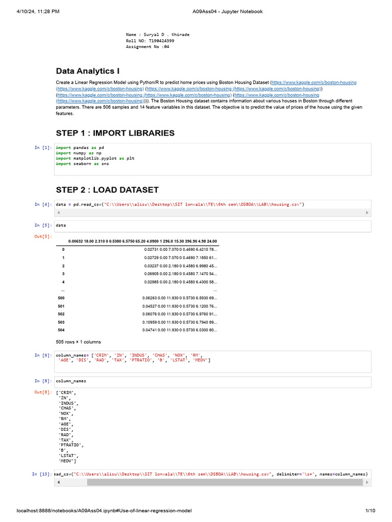 A09Ass04 - Jupyter Notebook | PDF | Regression Analysis | Computer Programming