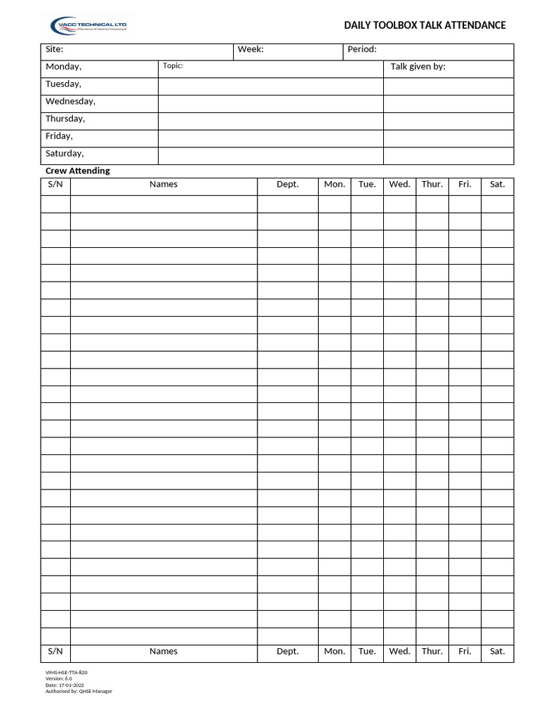 820 - VACC Daily Tool Box Talk Attendance | PDF