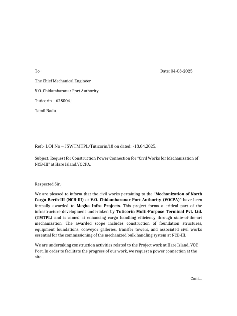 Request For Construction Power Connection | PDF