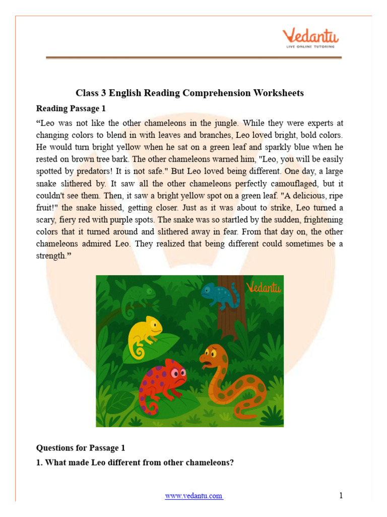 Class 3 English Reading Comprehension Worksheets PDF | PDF | Glasses ...