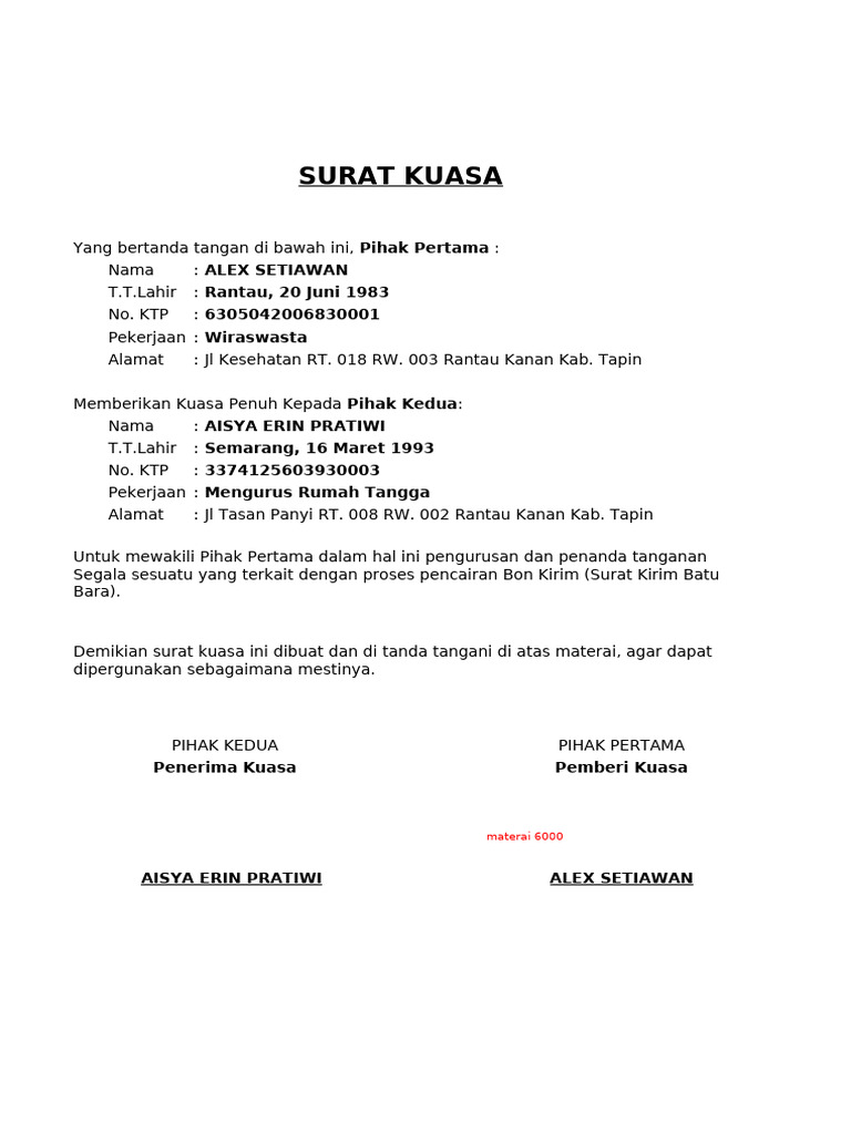 Surat Kuasa Pengurusan Bon Kirim Batu Bara | PDF