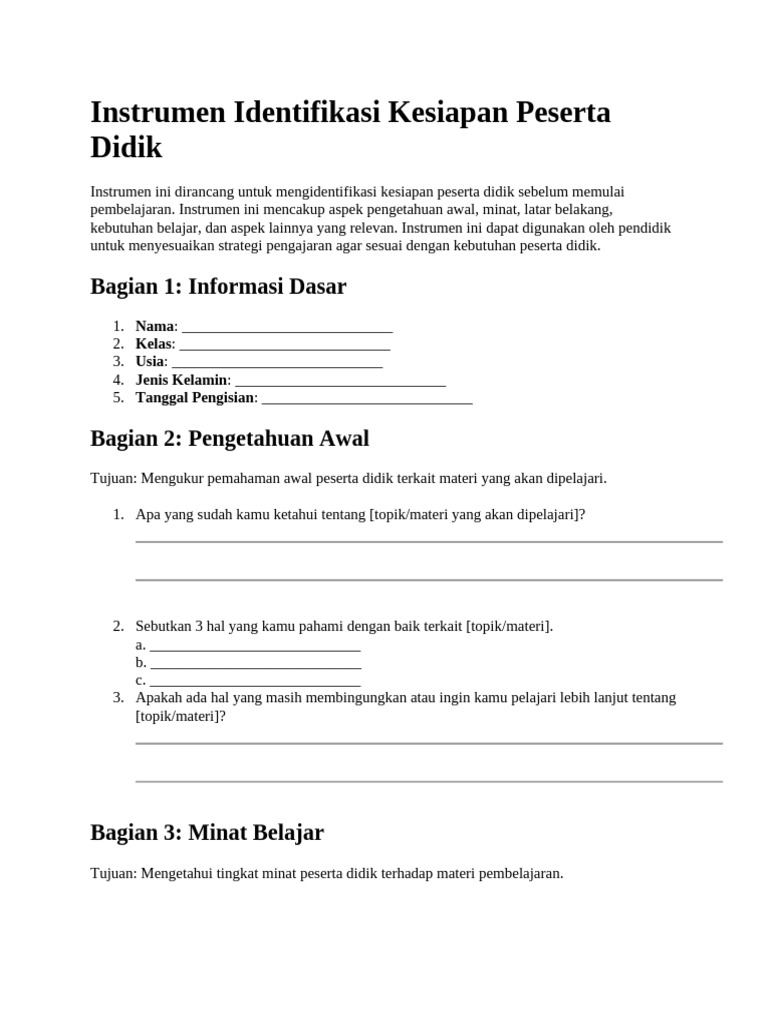 Lampiran 1 Instrumen Identifikasi Kesiapan Peserta Didik | PDF